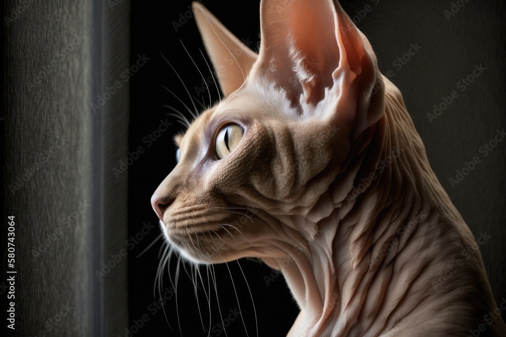A portrait of a Sphynx cat seen from the side. The cat is looking out ...