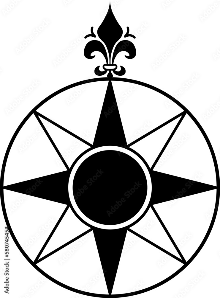 Antique Vintage Map Style Decorative Compass Rose Icon with a Fleur-de ...