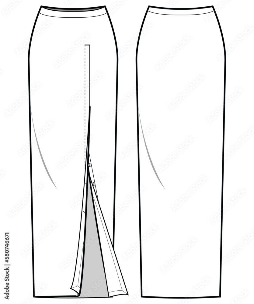 Women front slit Column Skirt with pocket flat sketch illustration ...