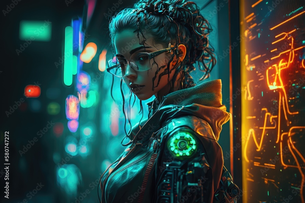 Ai Woman Cyber Stands With Her Smart Glasses On Night Futuristic