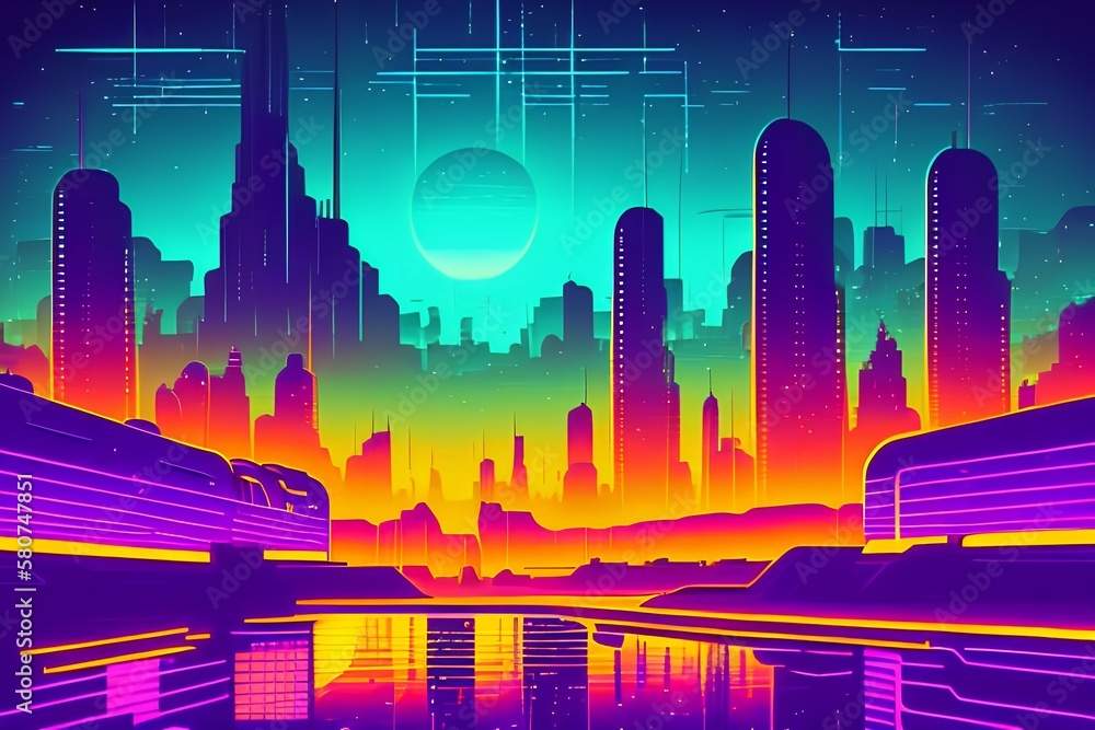 Retro background night city landscape 1980s style. 80s Sci-Fi ...