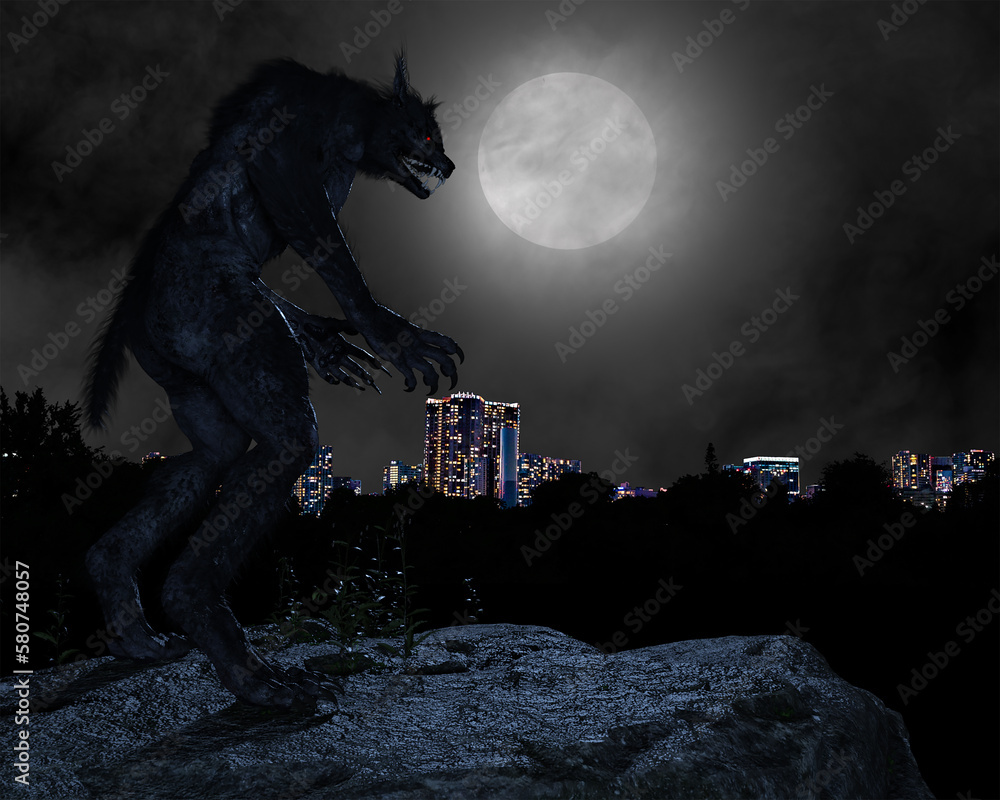 3d illustration of a Werewolf Dogman cryptid looking out onto a city ...