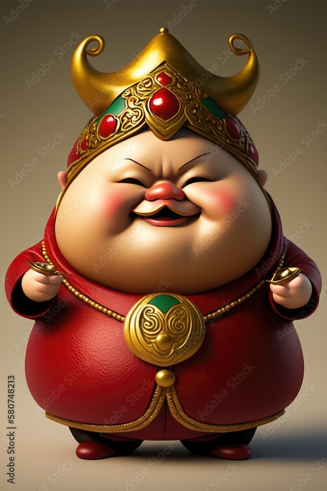 3D cute chubby Cai Shen, the Chinese god of wealth and fortune, cartoon style. AI generated ...