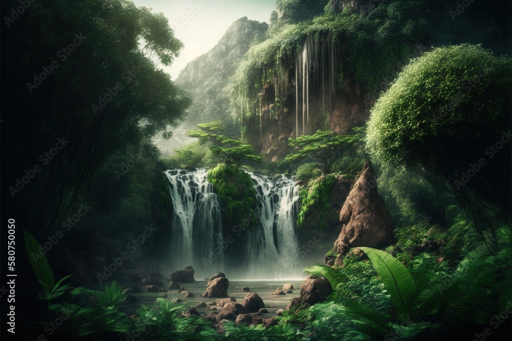 Beautiful waterfall, magnificent mountains and lots of greenery AI ...