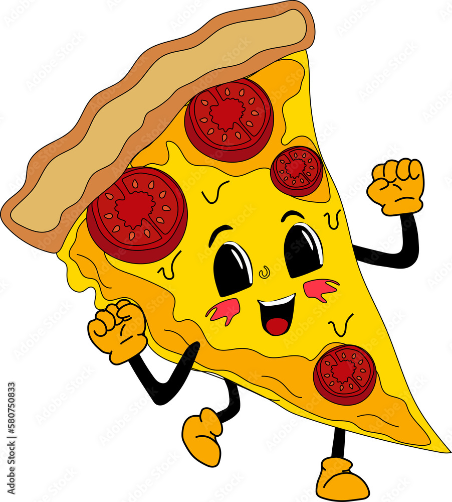 Foto de Cute Cartoon pizza character. Happy and cheerful emotions. Old ...