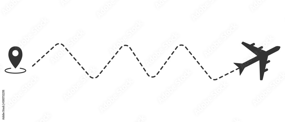 Airplane line path of air plane flight route with start point and dash ...