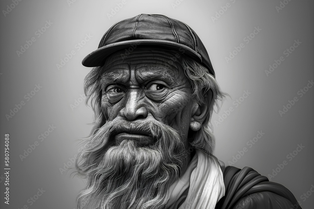 Portrait of an old man with a beard, the wise wanderer, black and white ...