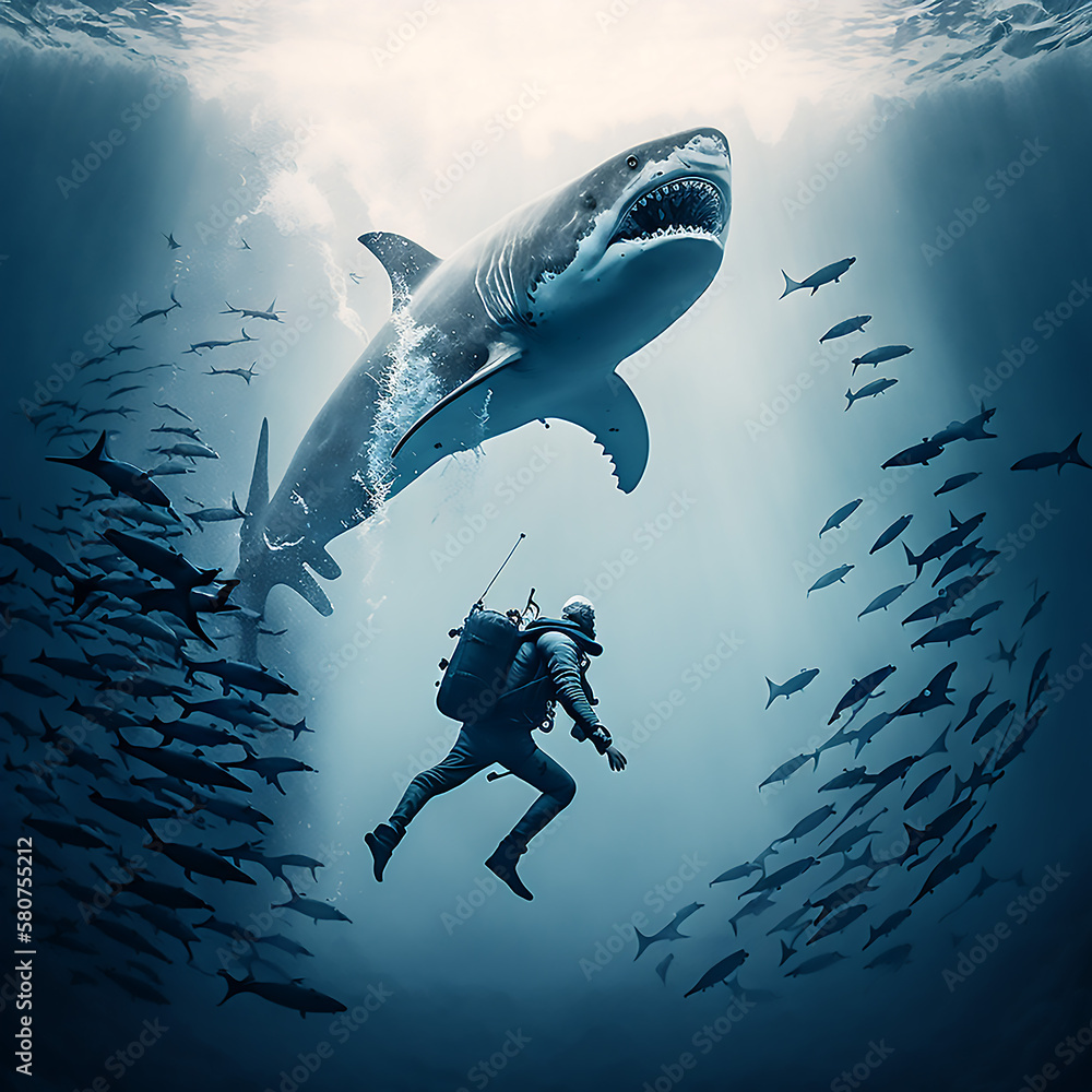 buzo huyendo de tiburon Stock Illustration | Adobe Stock