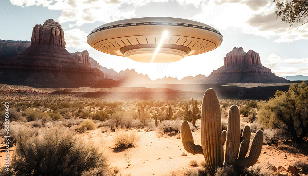 Alien UFO spaceship fly above Grand Canyon, Arizona desert USA, Zone 51 ...