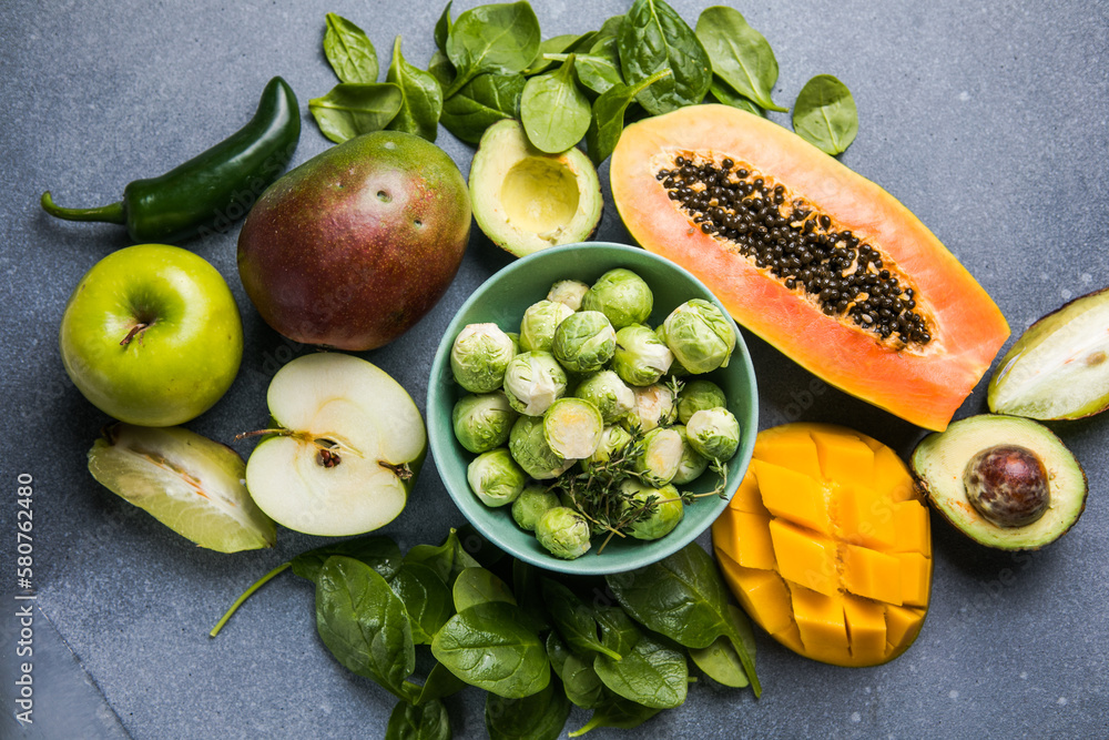 Foods high in folic acid. Vegetables, fruits rich in vitamin C on a ...