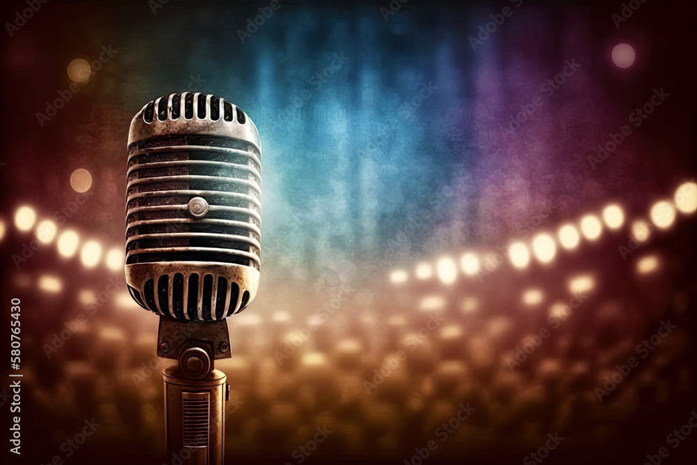 Retro style microphone on a stage with bokeh lights in background ...