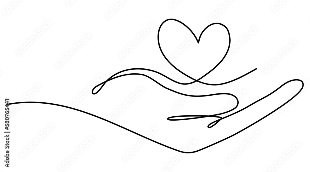 Hand holds heart continuous one line art drawing. Charity donation ...