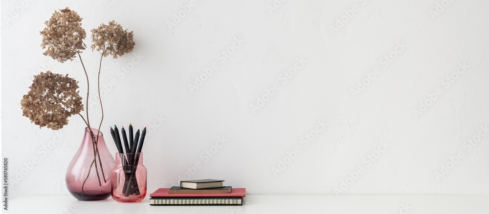 Office table, empty desk with simple office things and white wall copy ...