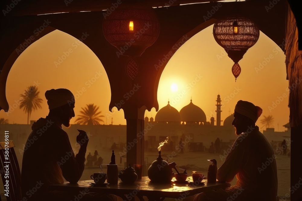 Silhouette Muslim man and woman making a supplication (salah)sitting on ...