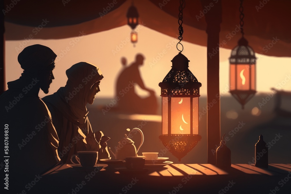 Silhouette Muslim man and woman making a supplication (salah)sitting on ...