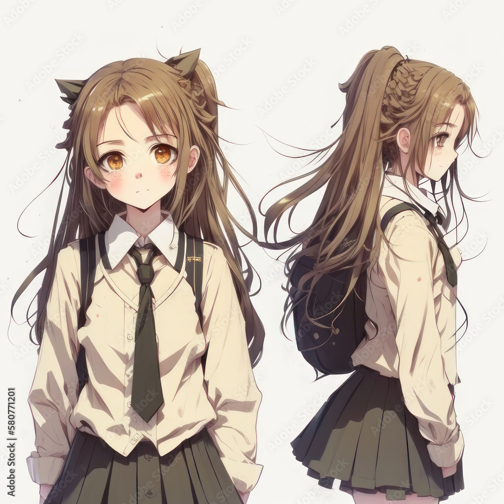 Anime girl in school costume front and side view. Anime character. AI ...