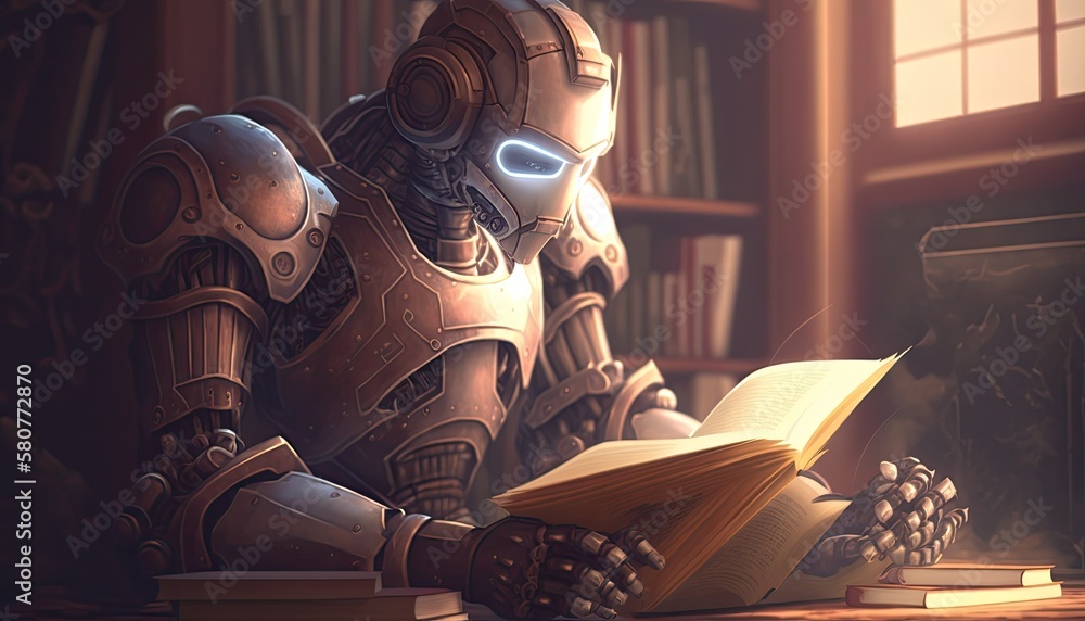 AI Robot reading a book - Generative AI Stock Illustration | Adobe Stock