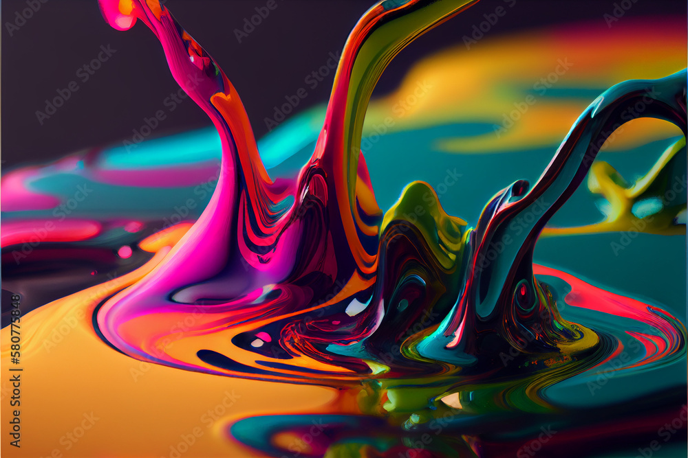 Splash and splatter of paint. Fountain of liquid ink or acrylic paint ...