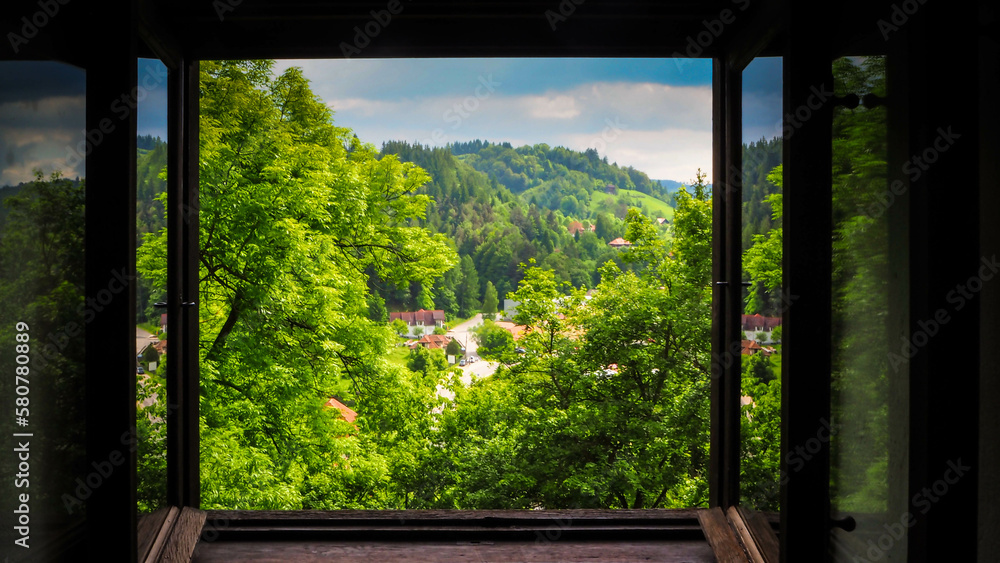 Windows view from Dracula's Castle, also known as Bran Castle, is a ...