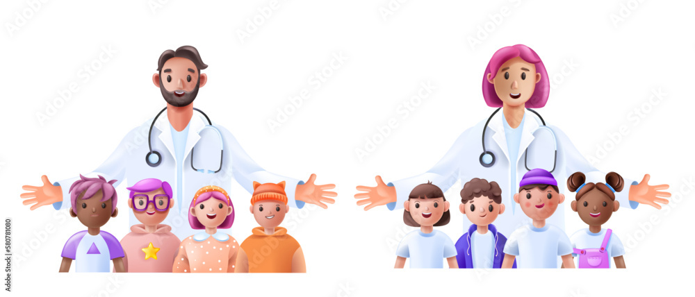 3D pediatrician, vector medical female male, family doctor children ...