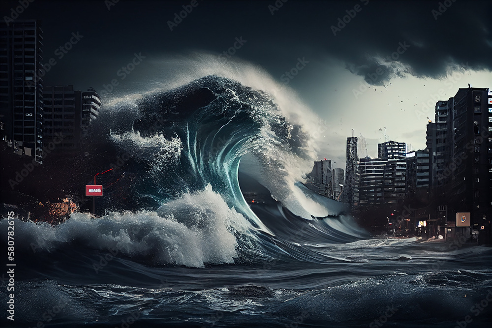 Huge tsunami hits the city. Dramatic scenery with a big wave flooding ...