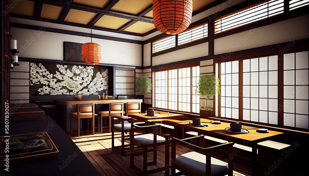 Japanese restaurant beautiful interior decoration Stock Illustration ...