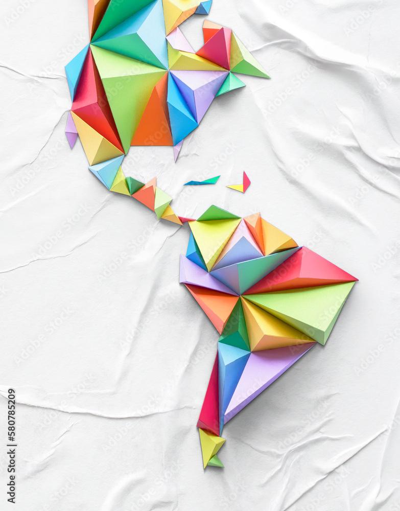 Map of the Continent America made out of colored paper cut out pyramids ...