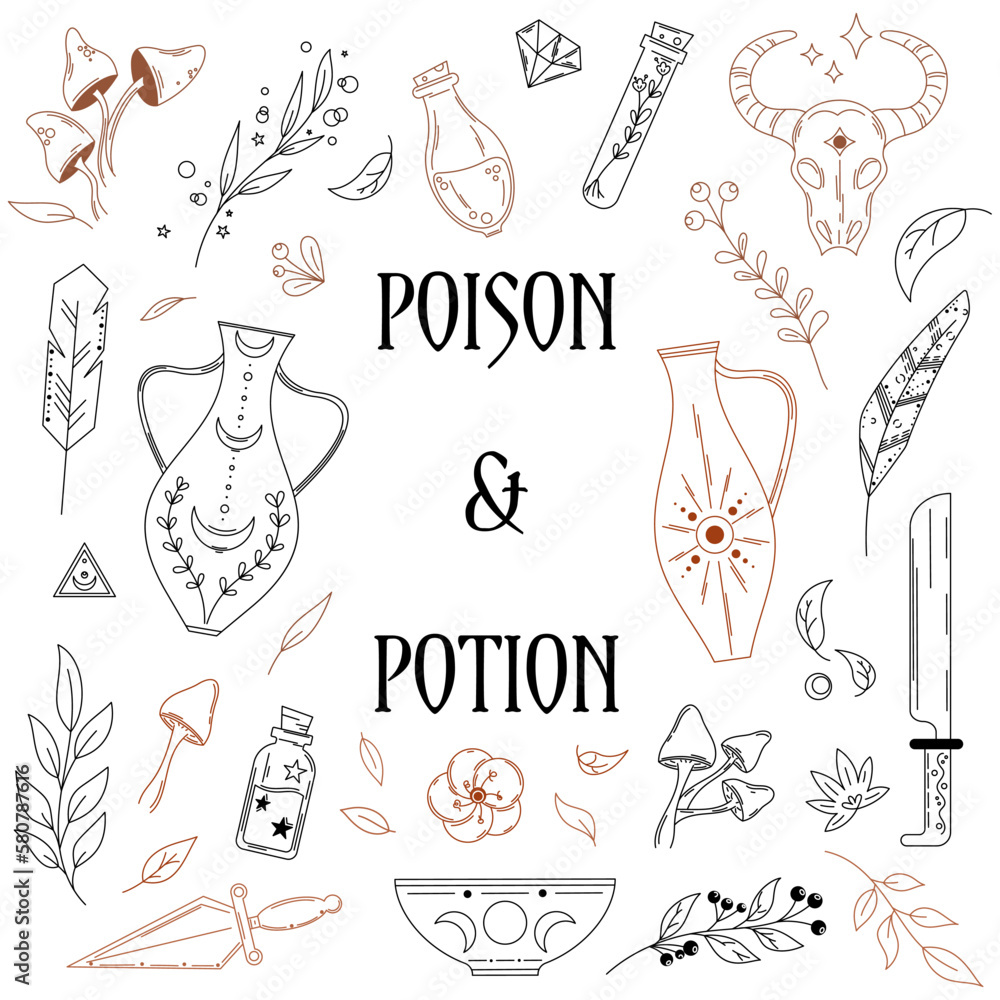 Set of elements ingridients to brew potion. Witchcraft symbols with ...