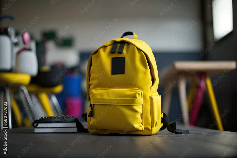 School classroom. New school bag on a student's desk in the classroom ...