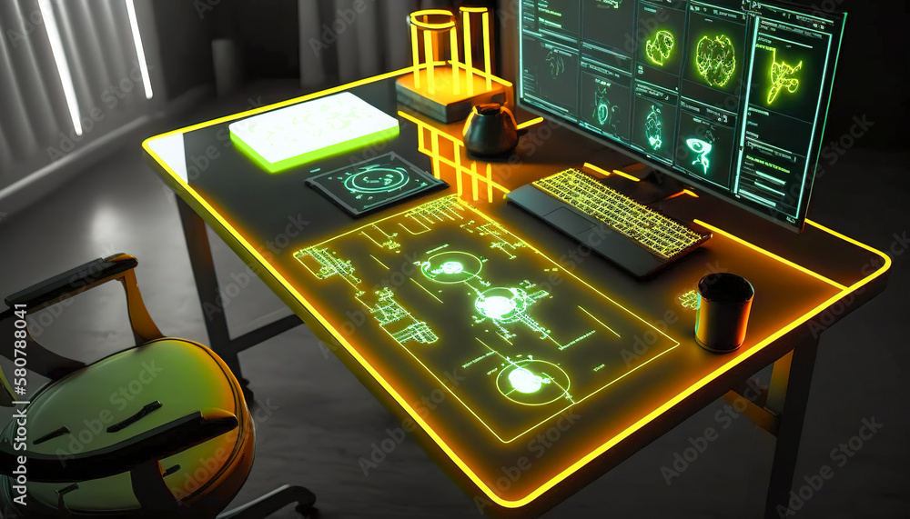 Futuristic work table with computer displays and neon colored lighting ...