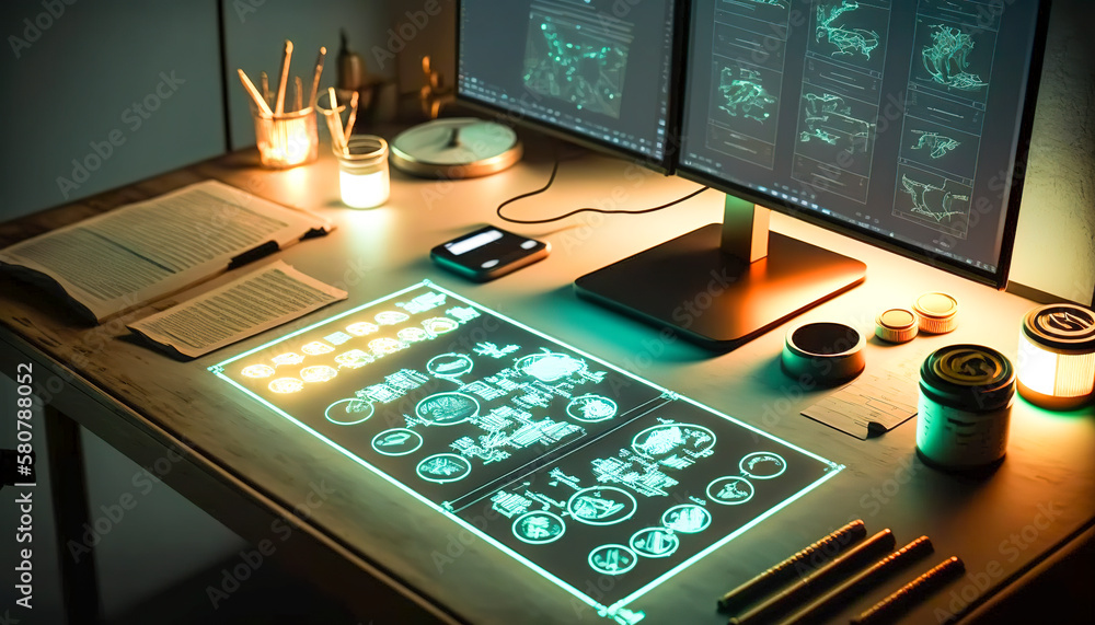 Futuristic work table with computer displays and neon colored lighting ...