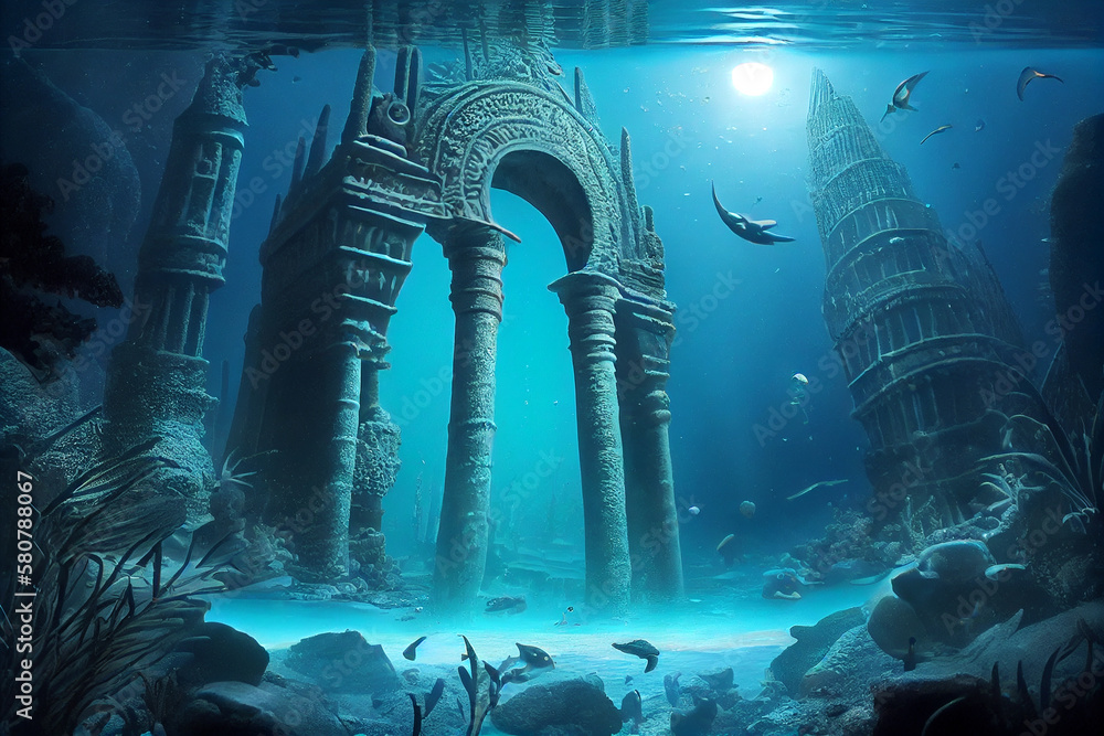 Mythical underwater city Atlantis, generative ai illustration depicting ... Mythical underwater city Atlantis, generative ai illustration depicting ...