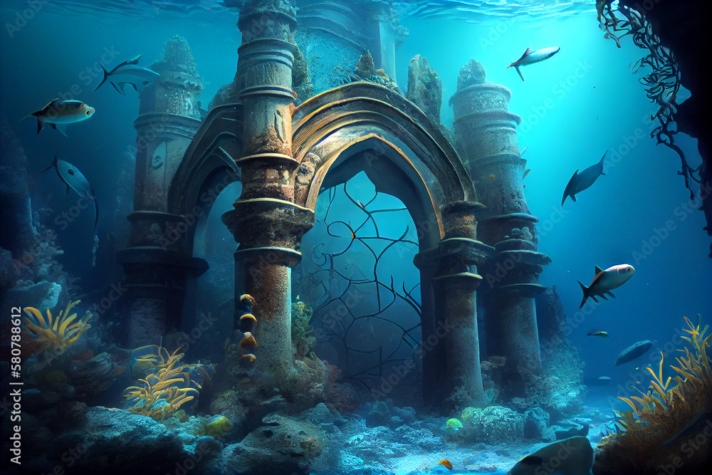 Mythical underwater city Atlantis, generative ai illustration depicting ...