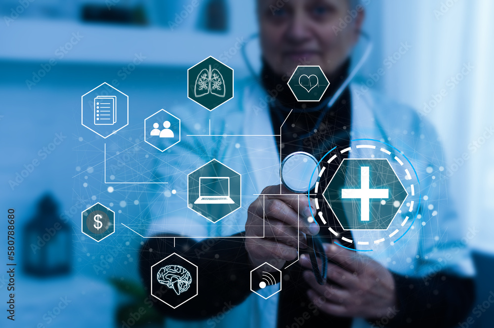 Medicine doctor touching electronic medical record on tablet. DNA ...