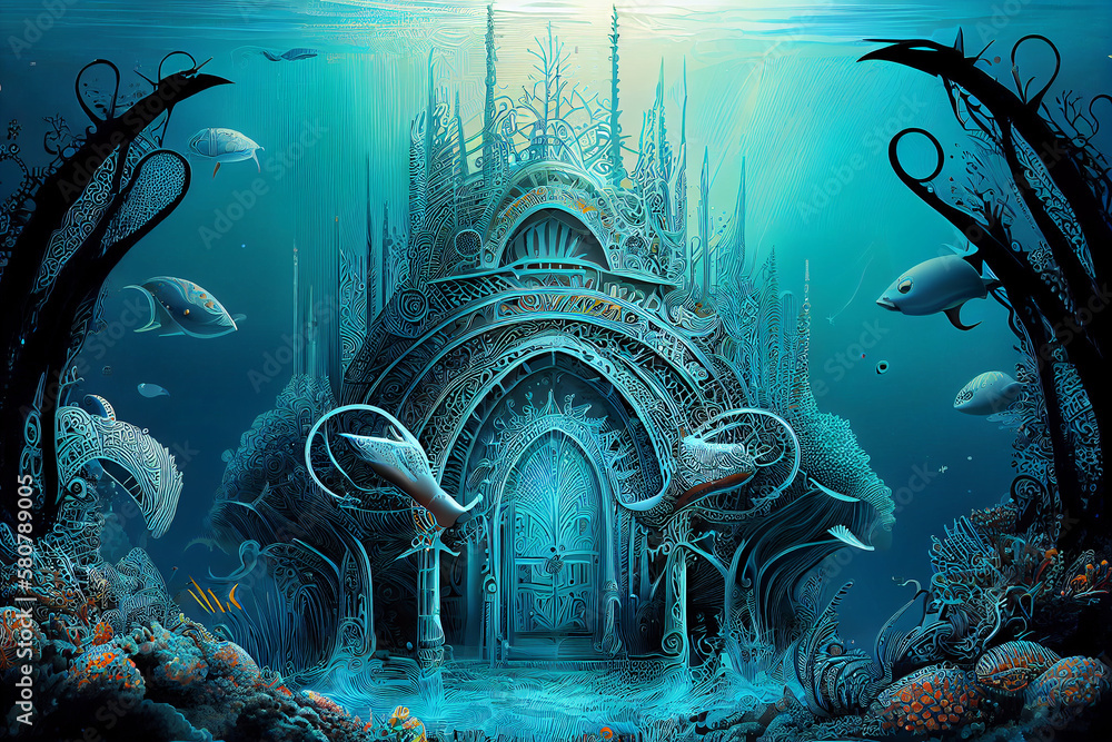 Mythical underwater city Atlantis, generative ai illustration depicting ...