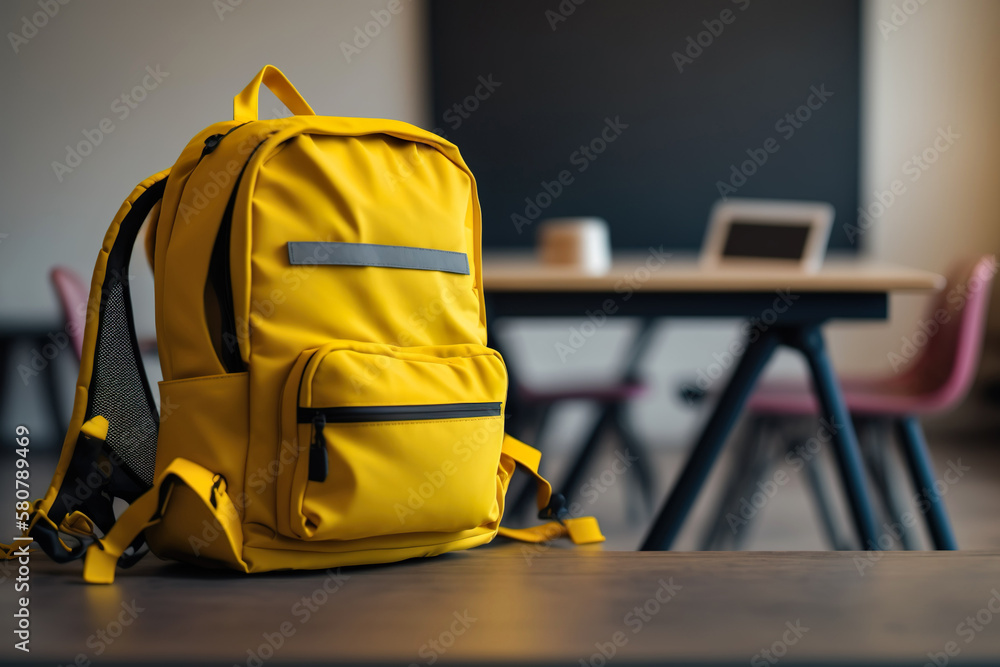 School classroom. New school bag on a student's desk in the classroom ...