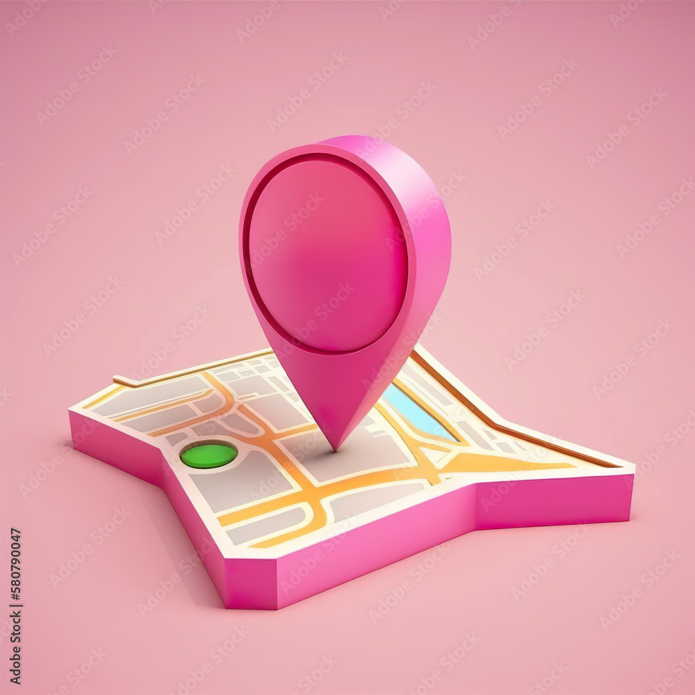 Pink location 3D icon on position place map navigation. 3D map pins ...