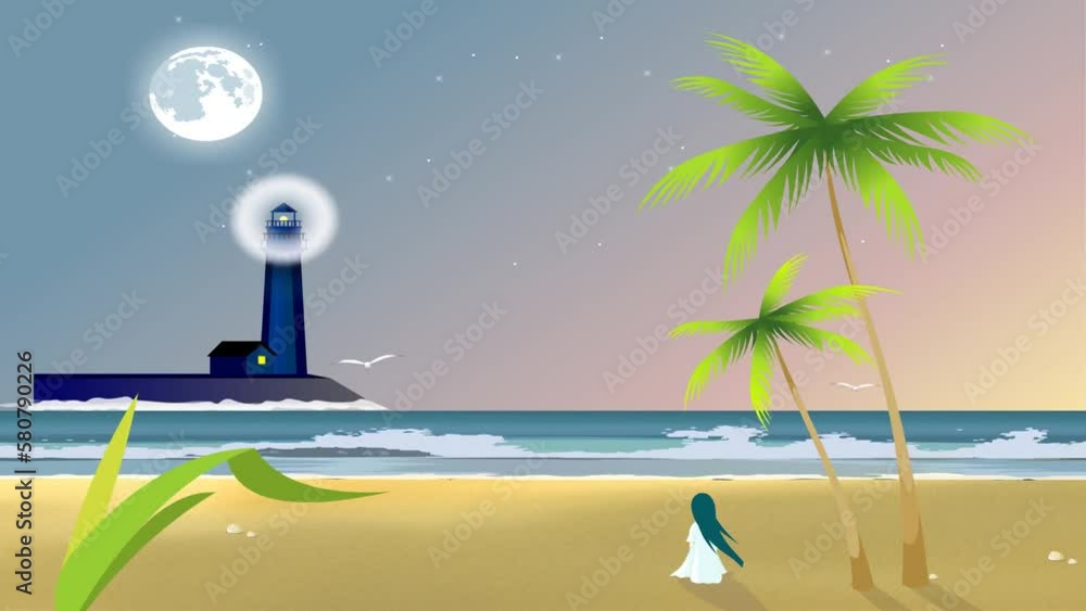 beach background and 2d animation, lighthouse, cartoon girl rearview ...