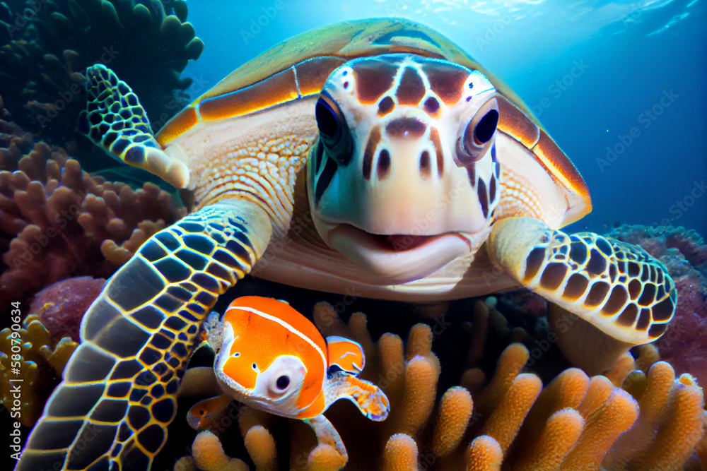 selfie of a sea turtle and the clown fish - Generated by AI Stock ...