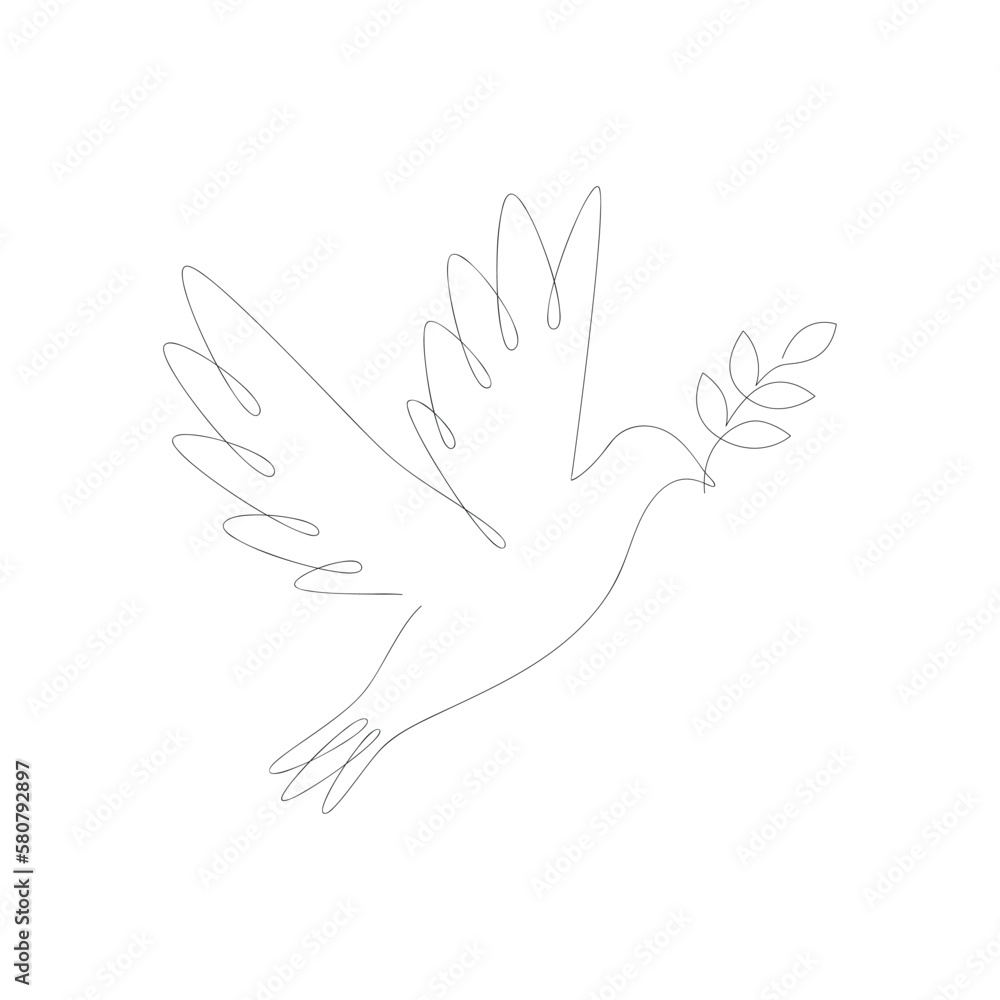 Dove with olive branch drawn in one continuous line. One line drawing ...