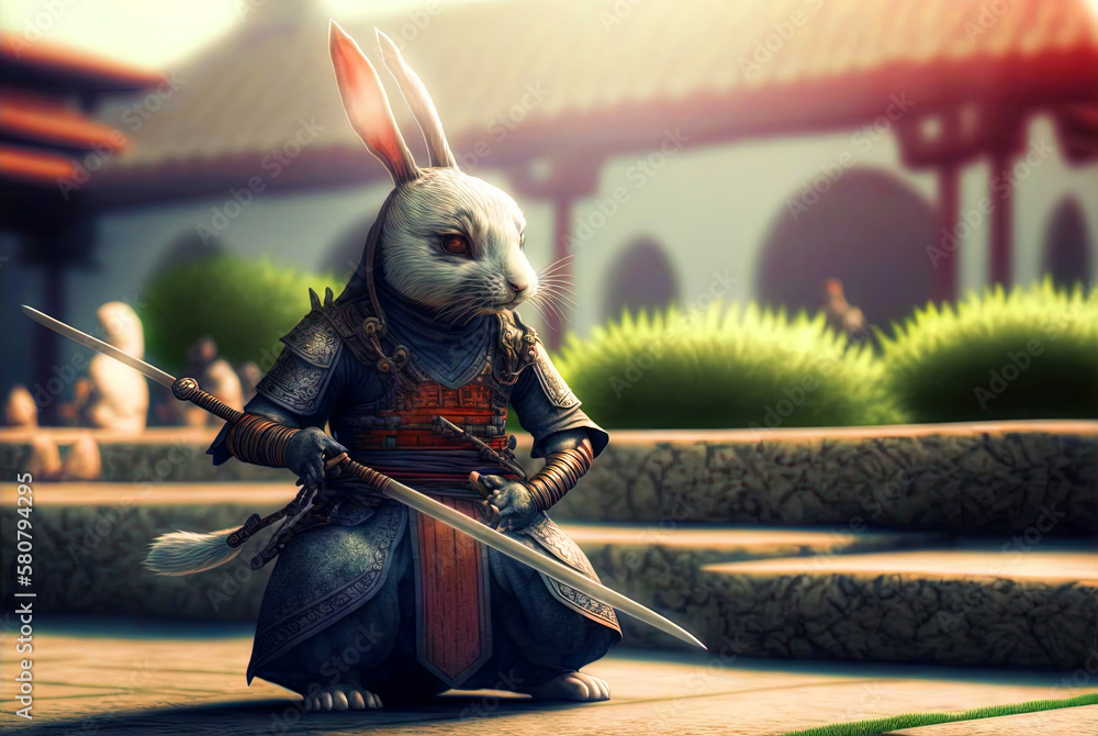 Rabbit samurai in traditional drawing style. Japanese styled art with ...