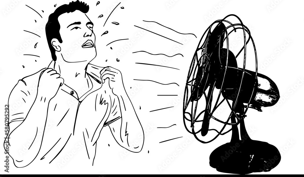 Outline sketch drawing of a man sweating and feeling heat in a hot ...