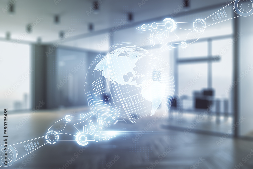 Double exposure of abstract virtual robotics technology with world map ...