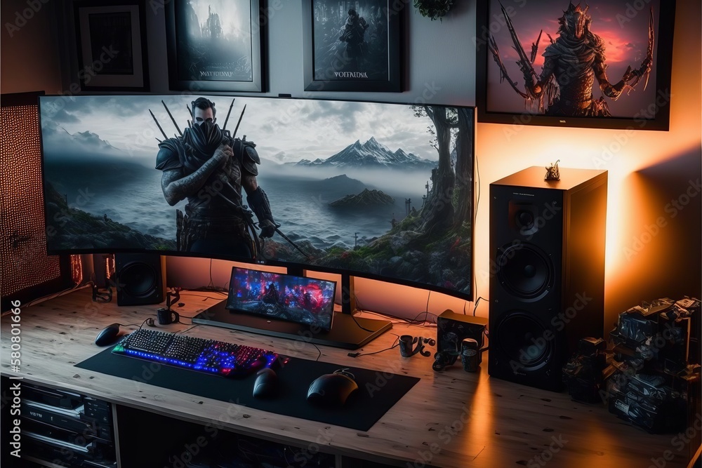 Gaming Setup with RGB Computer Case and Wide Angle Display Stock ...