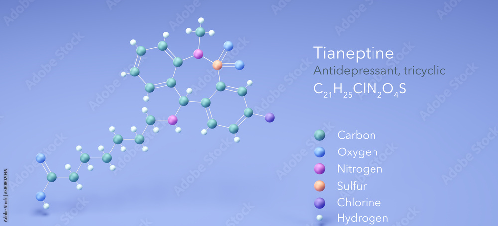 tianeptine molecule, molecular structures, tricyclic antidepressant, 3d ...
