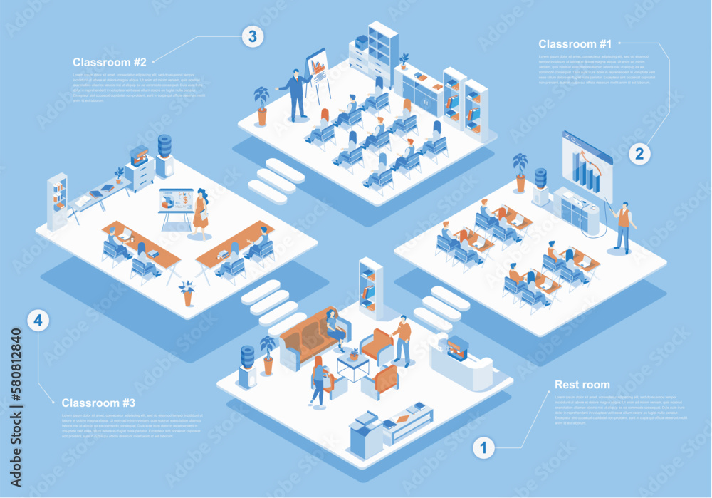Business training concept 3d isometric web scene with infographic ...