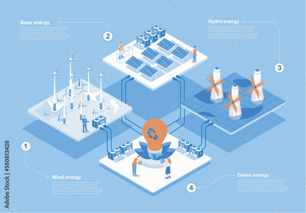 Green energy concept 3d isometric web scene with infographic. People ...