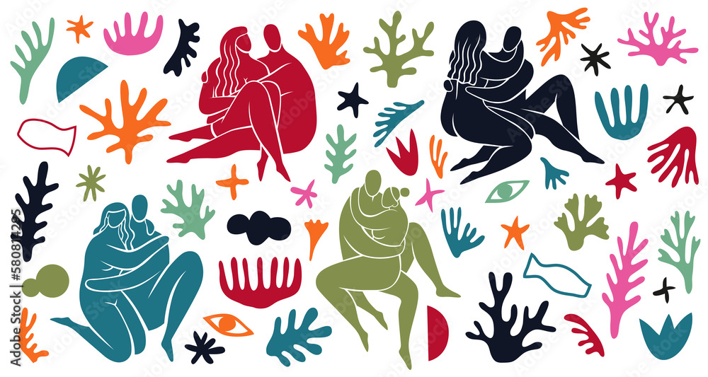 Matisse style plants elements. Hugging couples in intimate poses ...