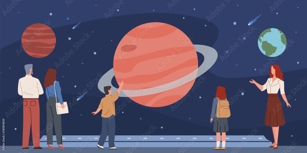 People at astronomy museum. Excursion for adults and children, visitors ...