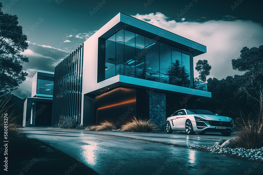Modern luxury house with sports car Stock Illustration | Adobe Stock